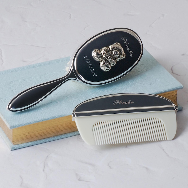 Engraved Teddy Bear Brush, Personalised Silver Brush and Comb Set, New ...