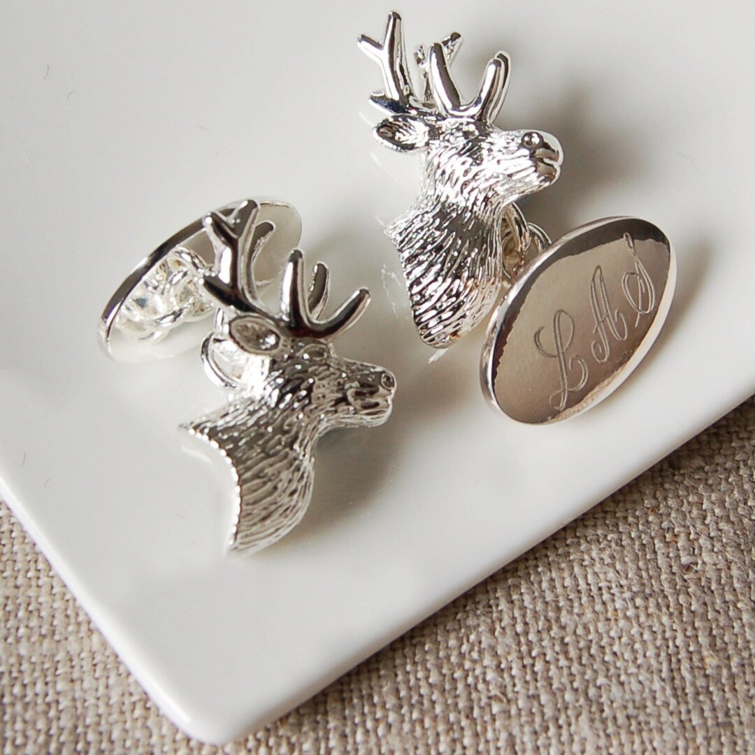 Personalised Stag Head Cufflinks, Engraved Stag Cufflinks, Silver Stag ...