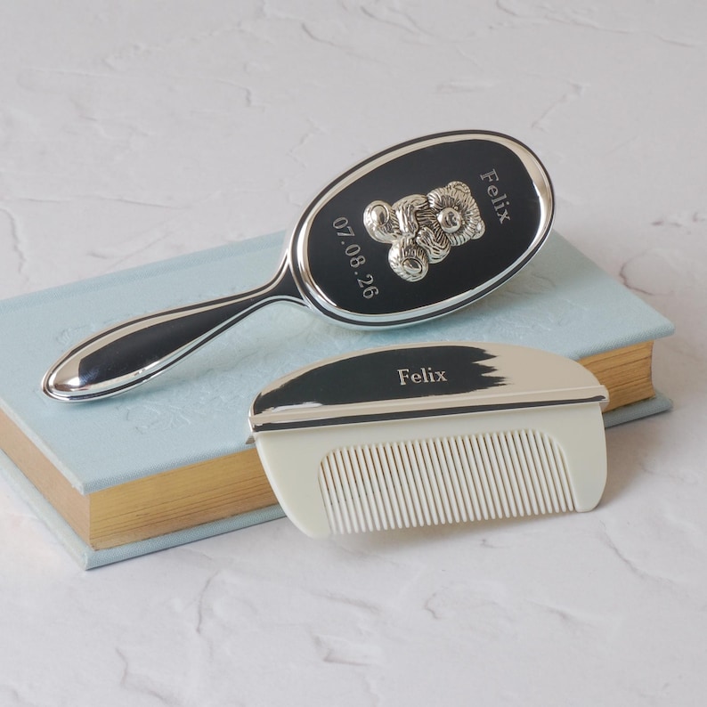 Engraved Teddy Bear Brush, Personalised Silver Brush and Comb Set, New ...
