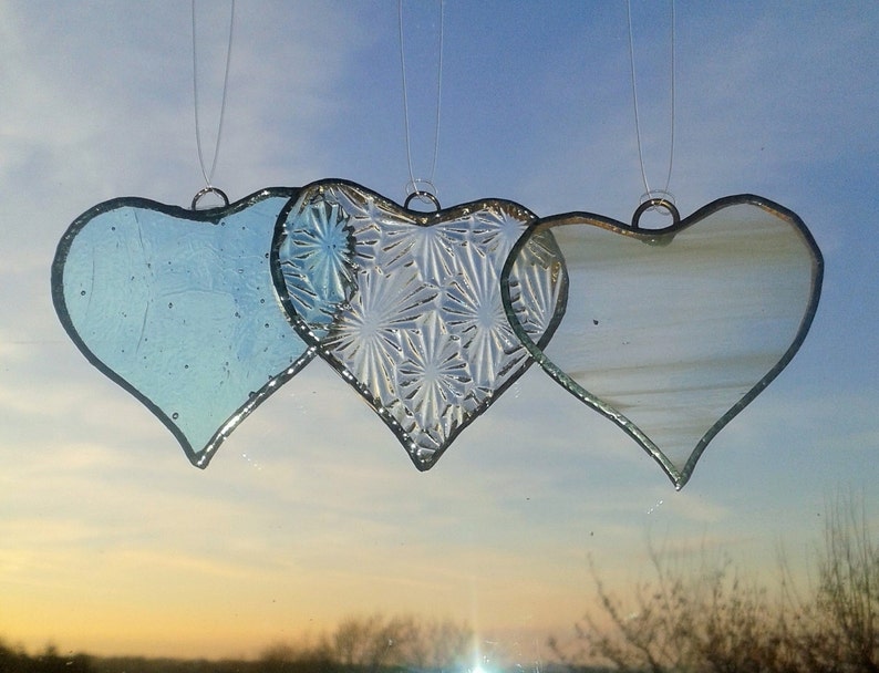 Set of 3 Stained Glass Heart Suncatchers, Pale Blue, Wispy White and ...
