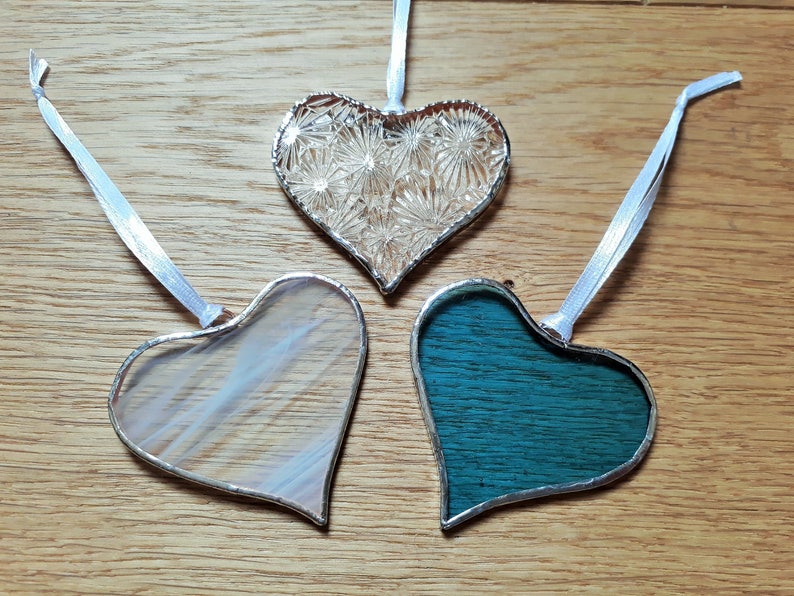 Set of 3 Stained Glass Heart Suncatchers, Pale Blue, Wispy White and ...