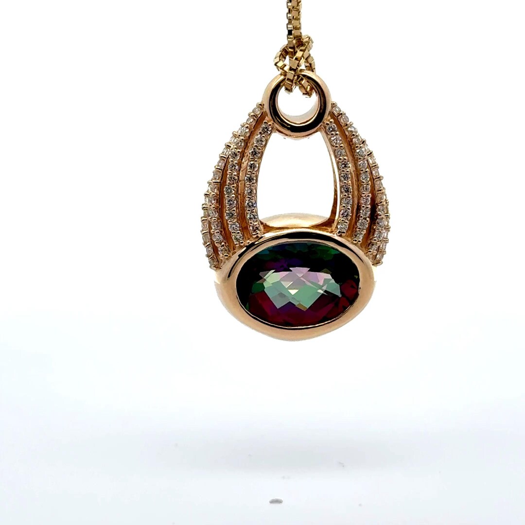14 Karat Yellow Gold Mystic Topaz and Diamond Pendant Necklace - Etsy