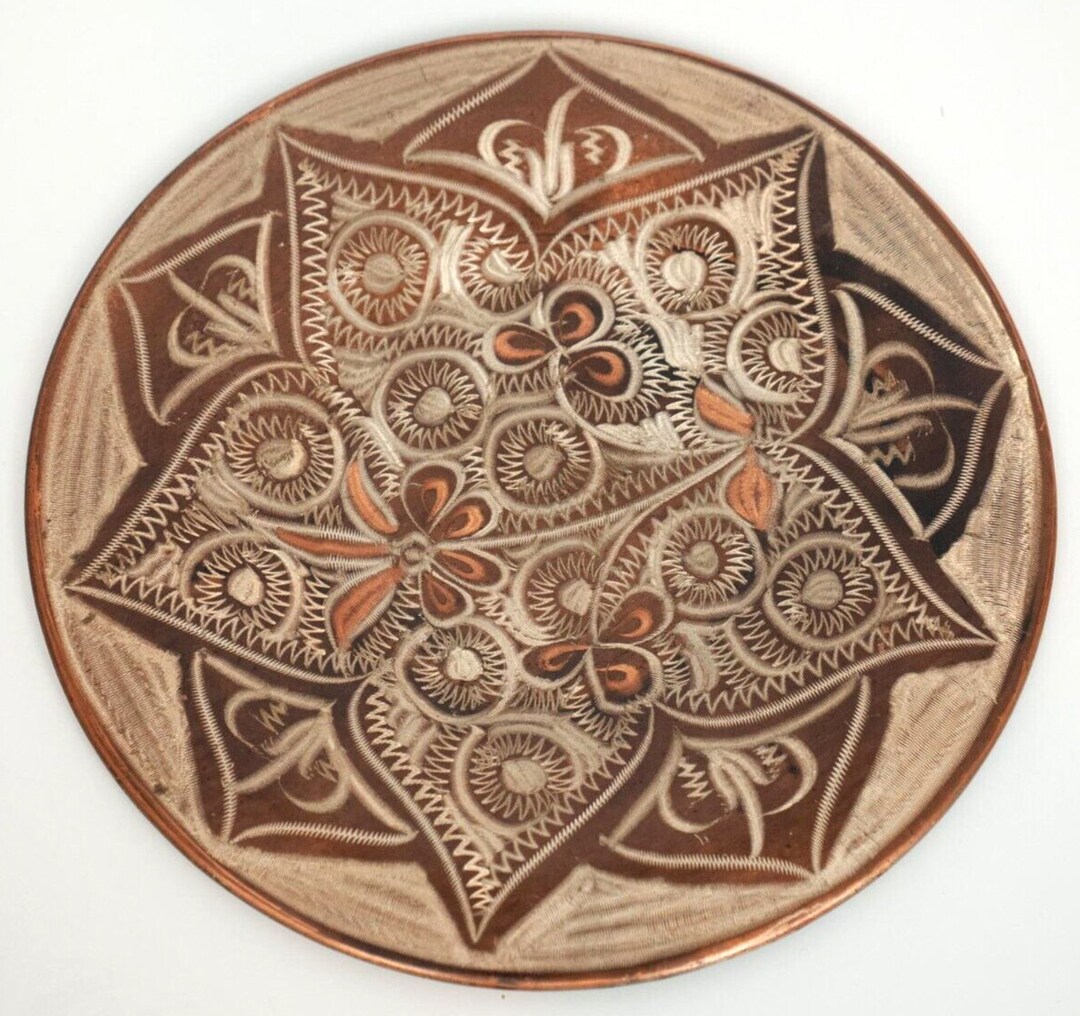 Vintage Copper Plate Decorative Floral Plate Hand Etched Copper Plate Folk Nomadic Moorish Decor ...