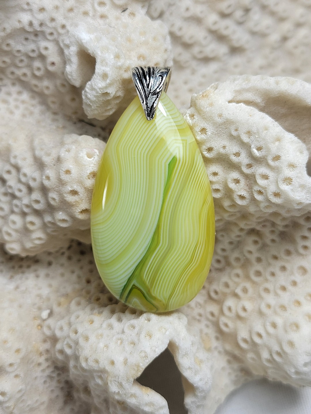 Yellow and White Stripe Agate Pendant Gemstone Jewelry, Teardrop Shape ...
