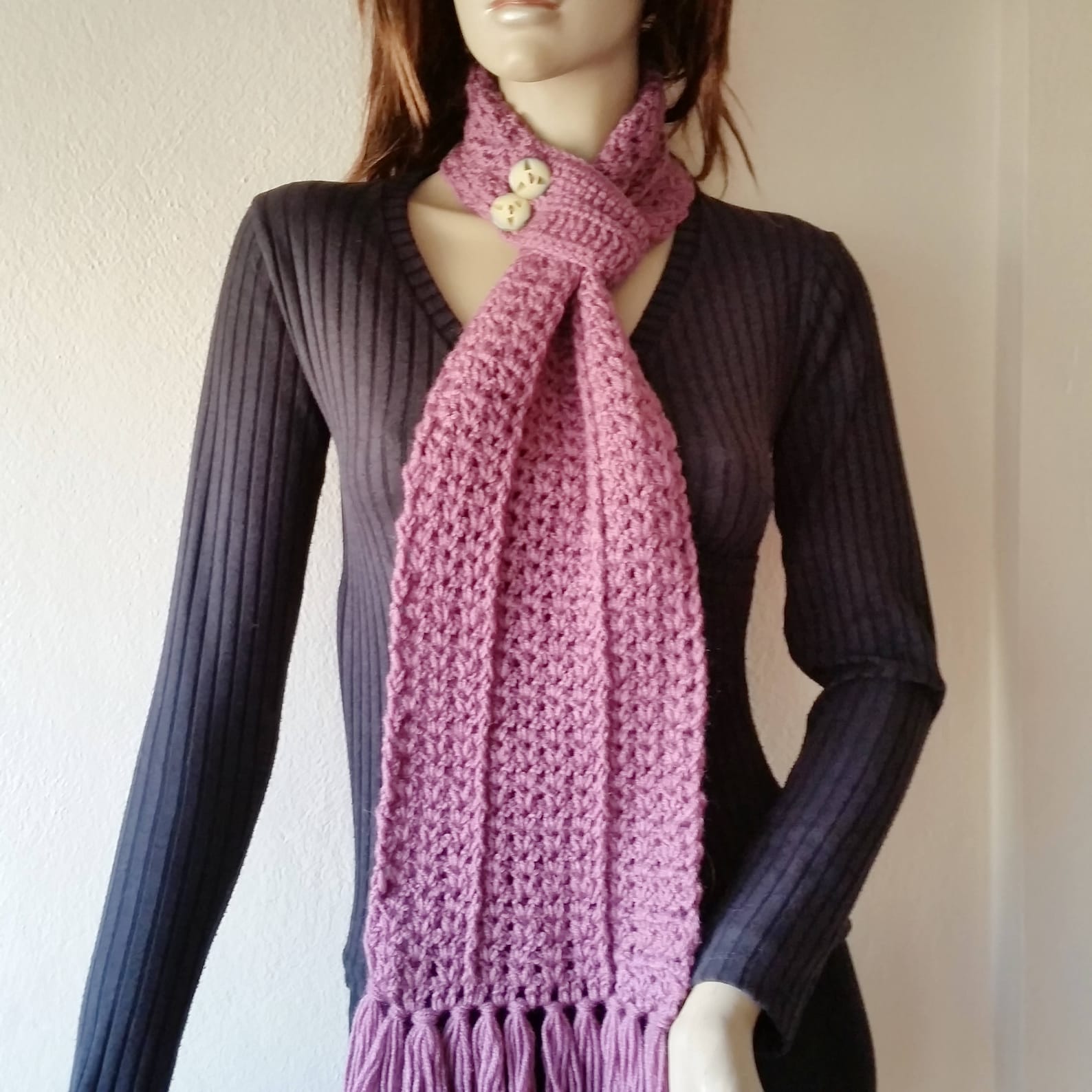 Woman Crochet Scarf Rose Pink Scarf Button Crochet Scarf - Etsy