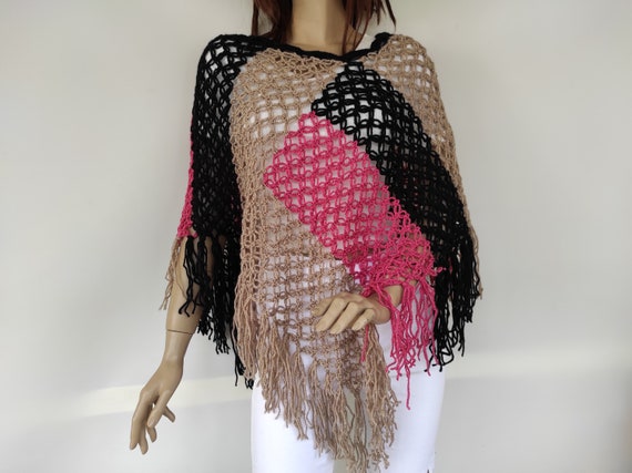 Open Work Crochet Poncho With Fringe and Color Blocks Women | Etsy