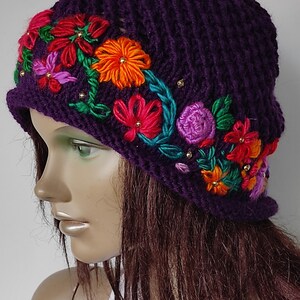 Floral Wool Winter Hat: Hand Embroidered Purple Knit Beanie Hat - Etsy