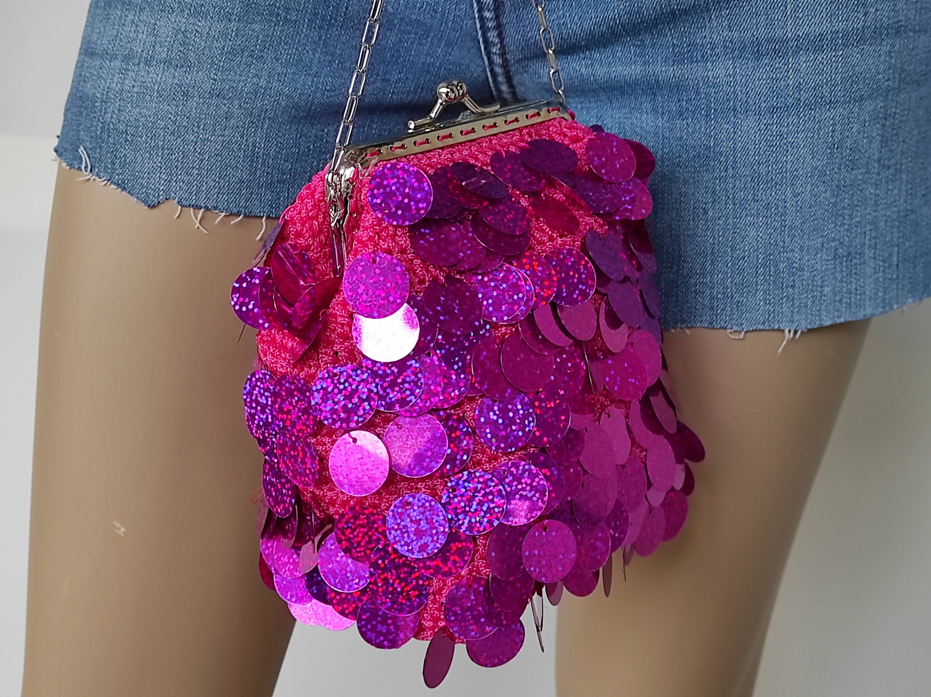 Sequin Embellished Crochet Purse Bag Cross Body Fuchsia Pink - Etsy