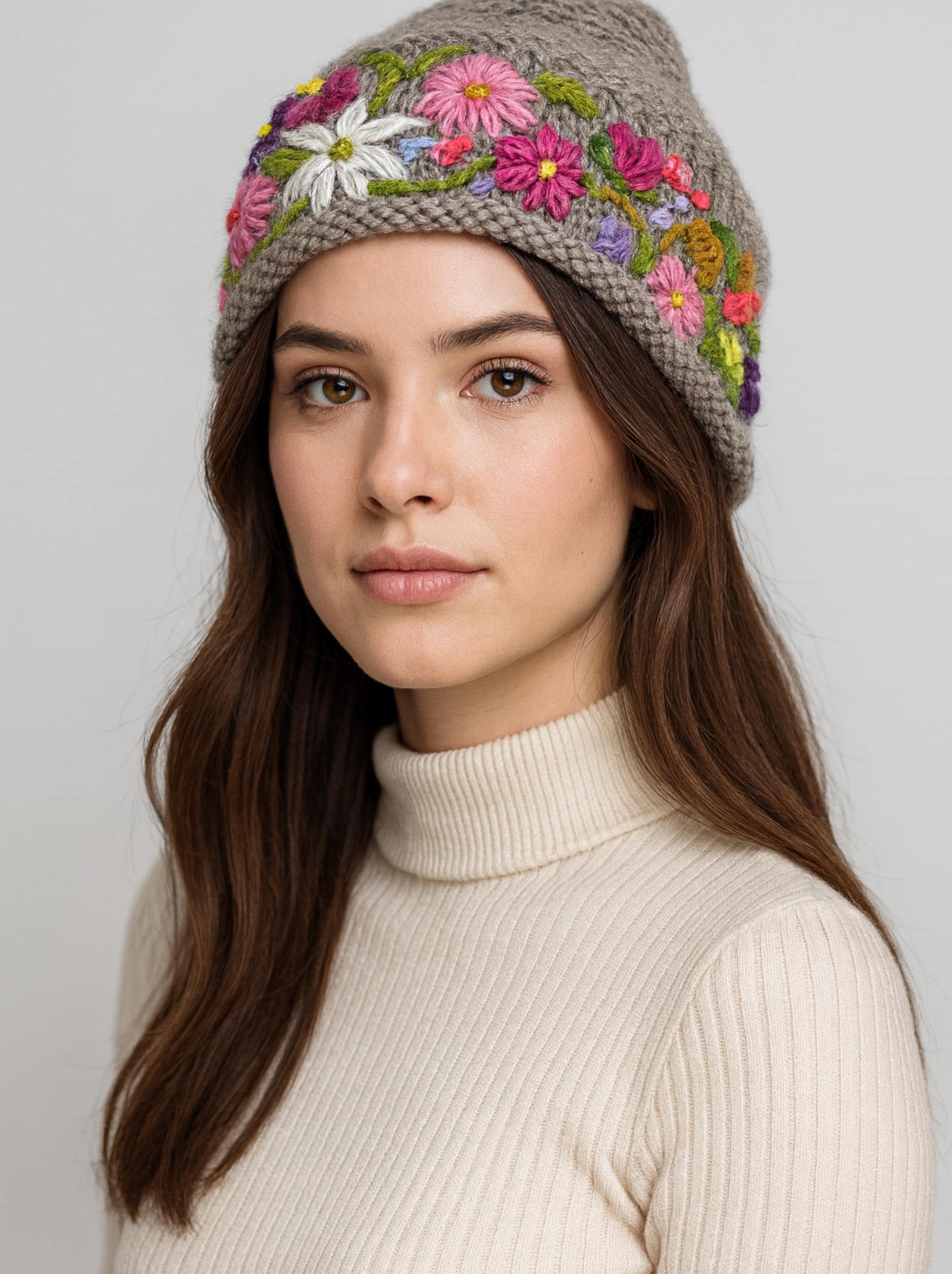 Wool Blend Embroidered Knit Hat - Cozy Handmade Floral Winter Beanie - Etsy
