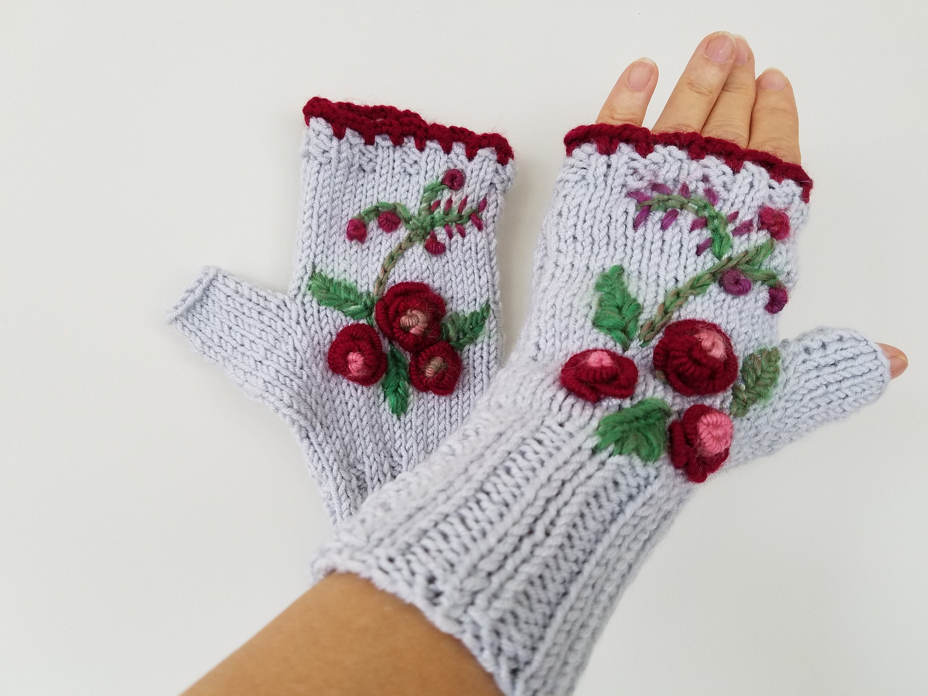 Embroidered Fingerless Gloves Embroidered Mittens Gray Wool | Etsy