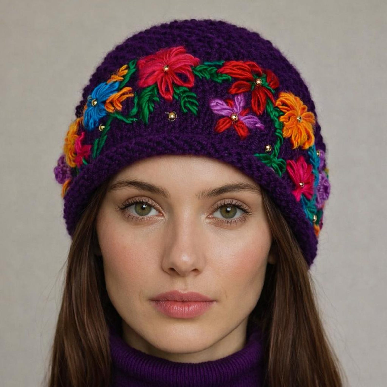 Floral Wool Winter Hat: Hand Embroidered Purple Knit Beanie Hat - Etsy