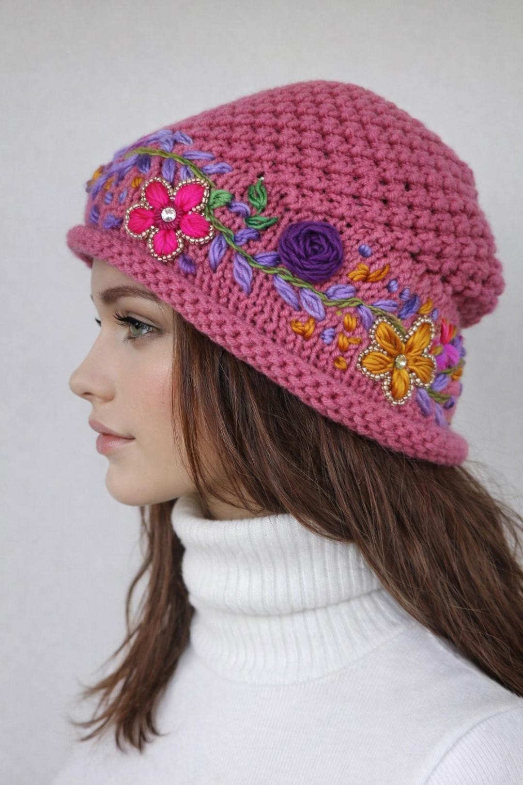 Hand Embroidered Pink Beanie Hat, Floral Wool Blend Knit Boho Winter ...