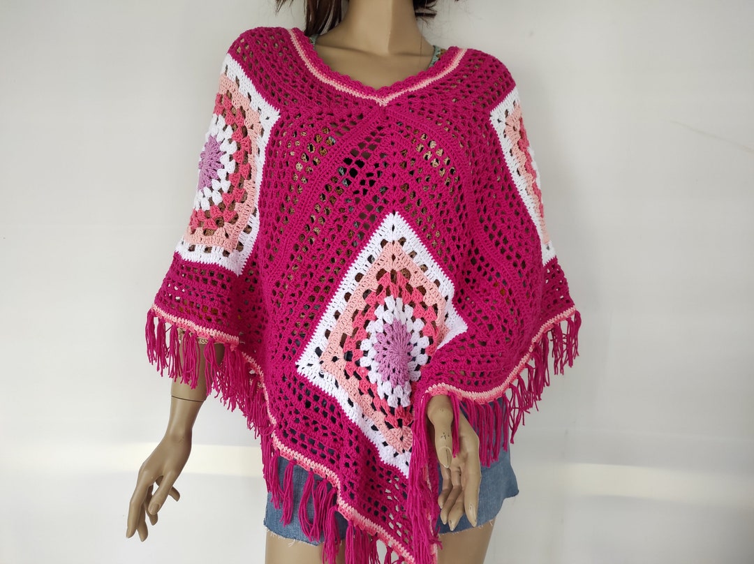 Granny Square Crochet Poncho, Fuchsia Pink Crochet Poncho, Poncho for ...