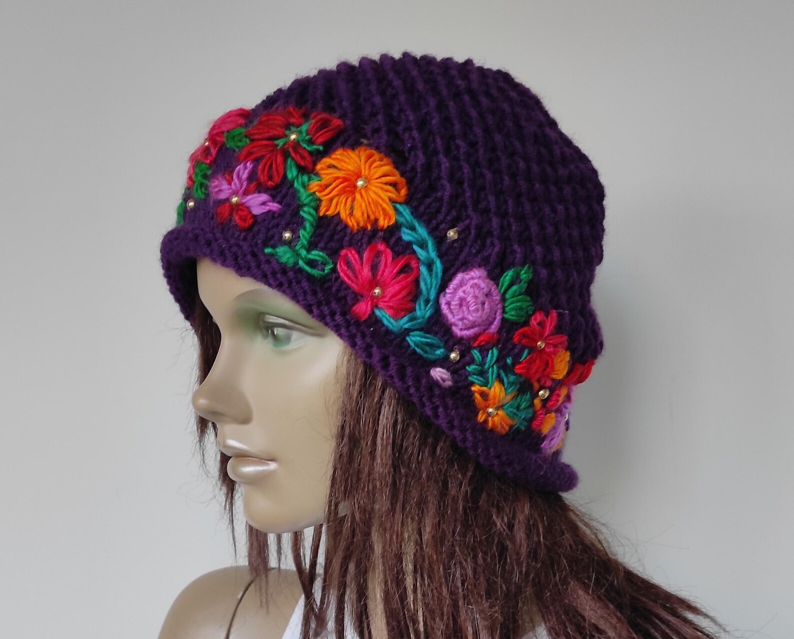 Floral Wool Winter Hat: Hand Embroidered Purple Knit Beanie Hat - Etsy