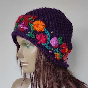 Floral Wool Winter Hat: Hand Embroidered Purple Knit Beanie Hat - Etsy