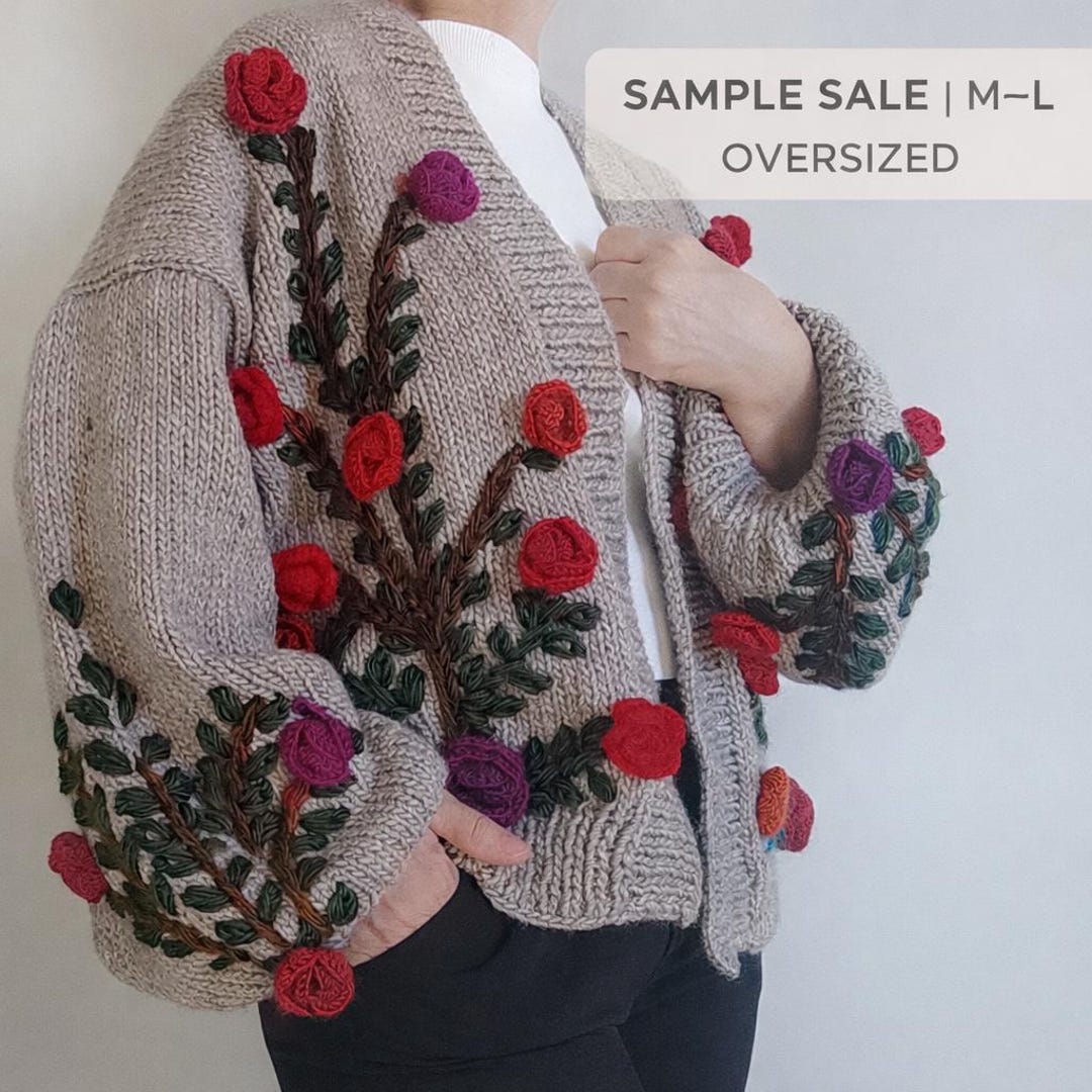 Floral Hand Embroidered Cardigan – Oversized Wool Blend Knit, M–L Photo ...