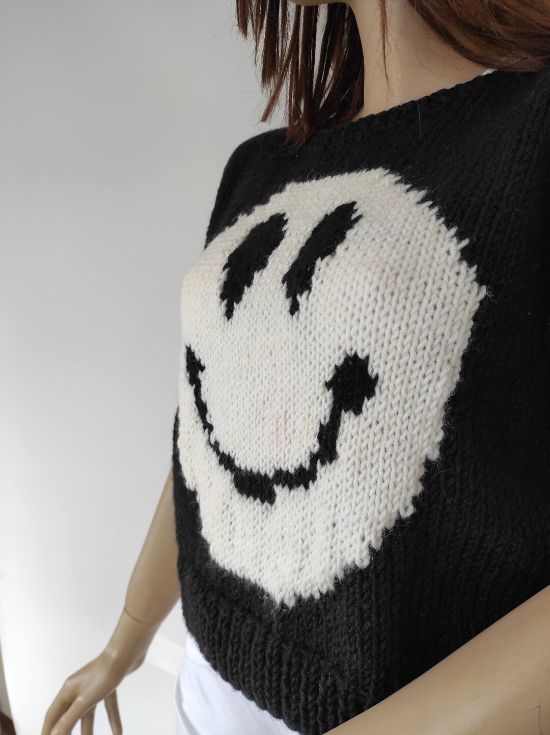Hand Knitted Smiley Face Sweater Vest: Wool Blend Oversized Jumper - Etsy