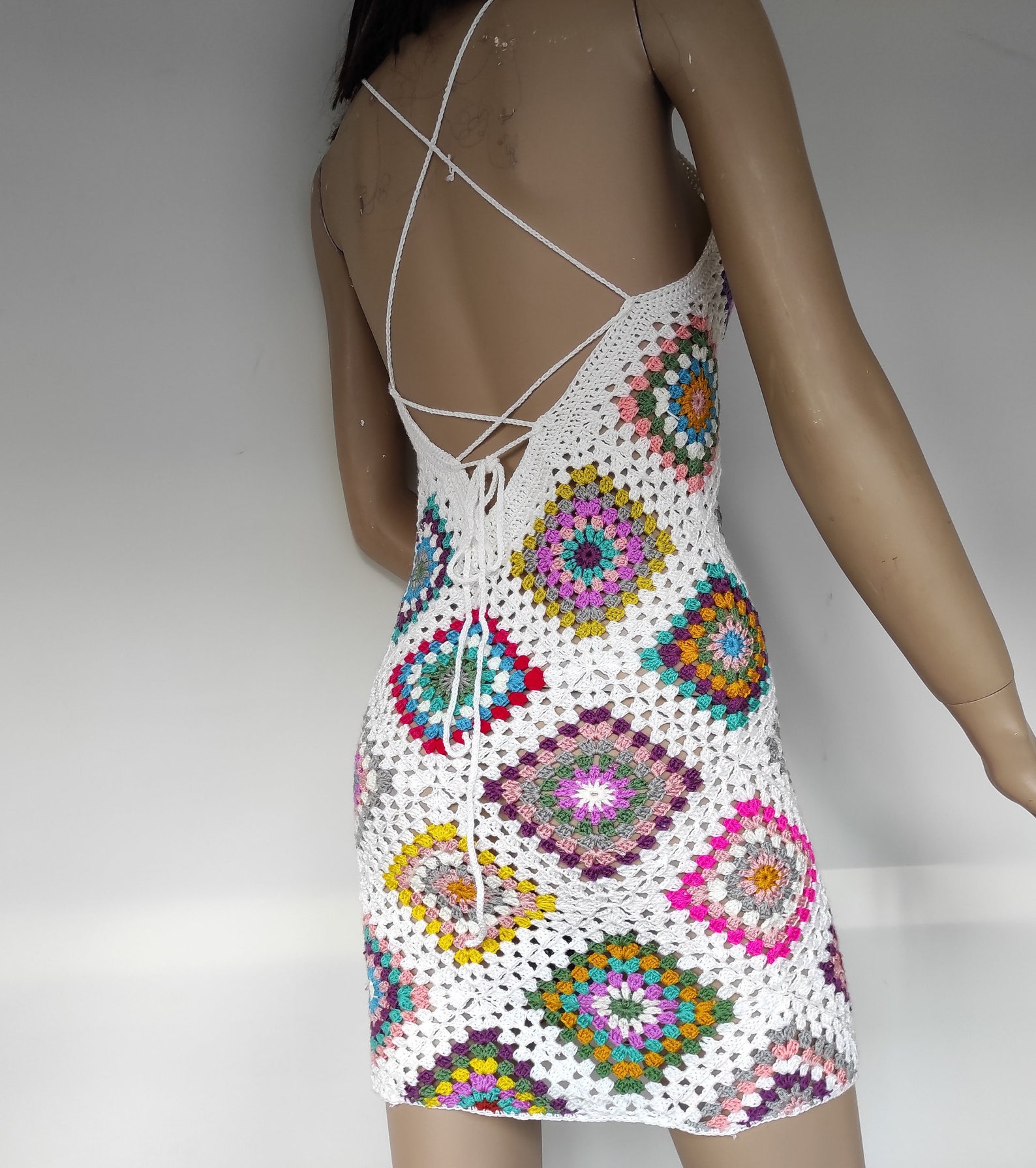 String Tie Deep V Open Back Crochet Tank Dress Mini Granny - Etsy