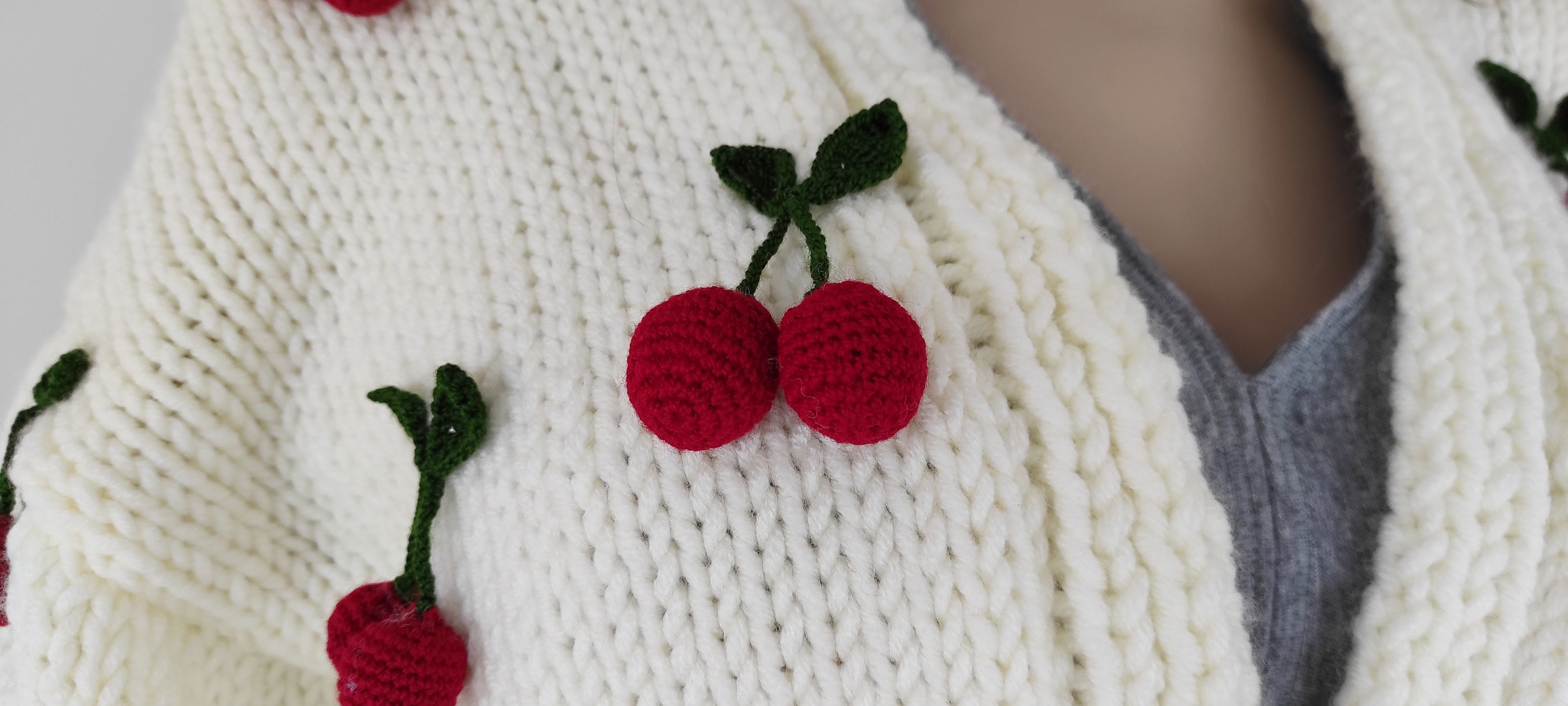 Cropped Cherry Cardigan W Balloon Sleeves Hand Knit Cardigan - Etsy