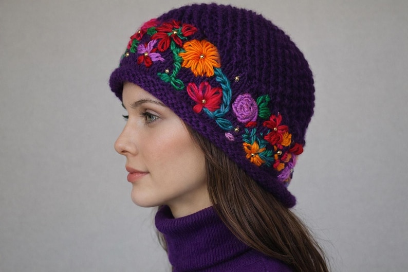 Floral Wool Winter Hat: Hand Embroidered Purple Knit Beanie Hat - Etsy