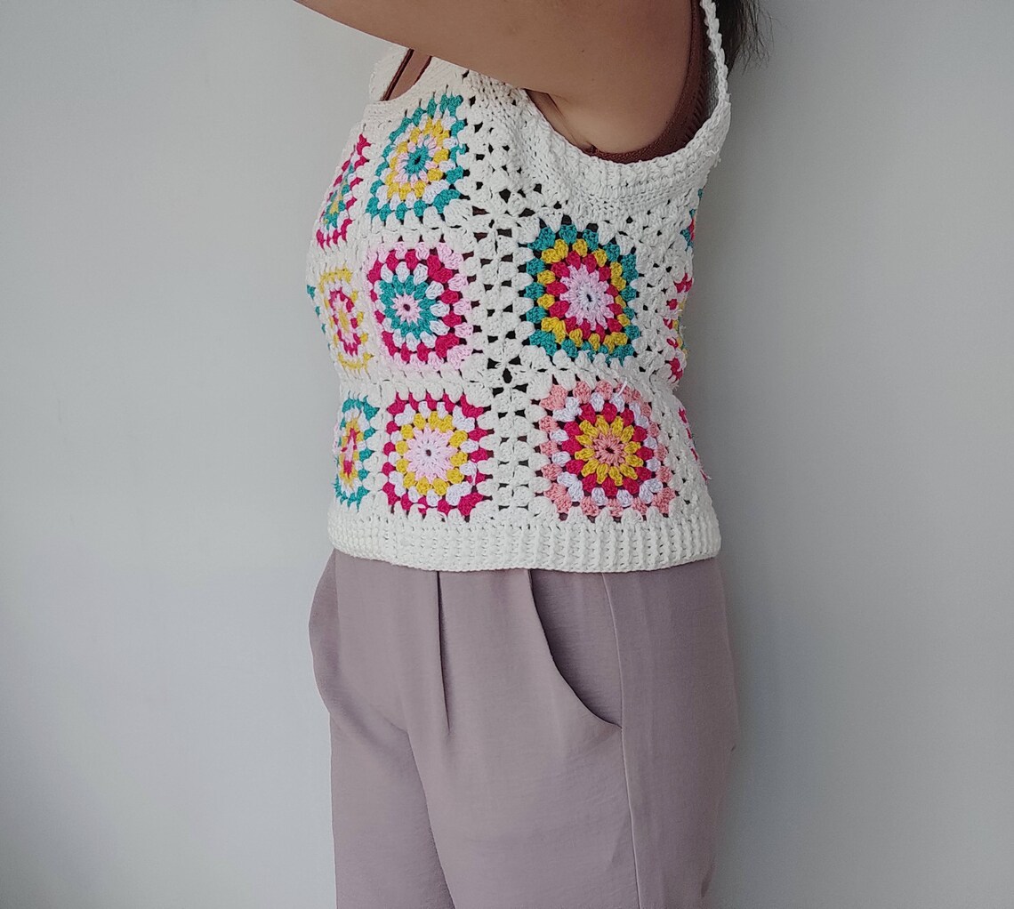 Granny Square Sweater Vest Colorful Cotton Crochet Top Women - Etsy