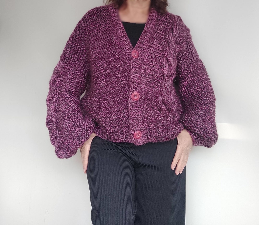 Cable Knit Cardigan Purple Wool Blend Top, Cropped Sweater, Balloon ...
