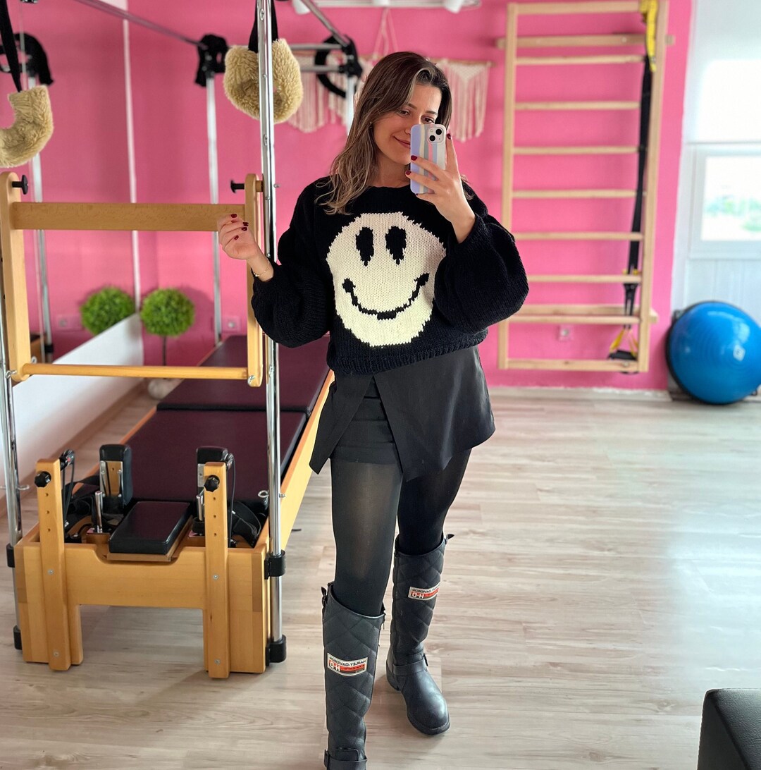 Knitted Smiley Face Jumper, Handmade Black Sweater, Oversized Pullover ...