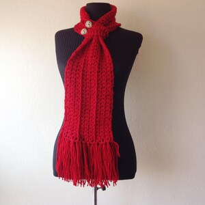 Red Crochet Scarf, Button Scarf, Long Fringe Scarf, Fall / Winter Wool ...