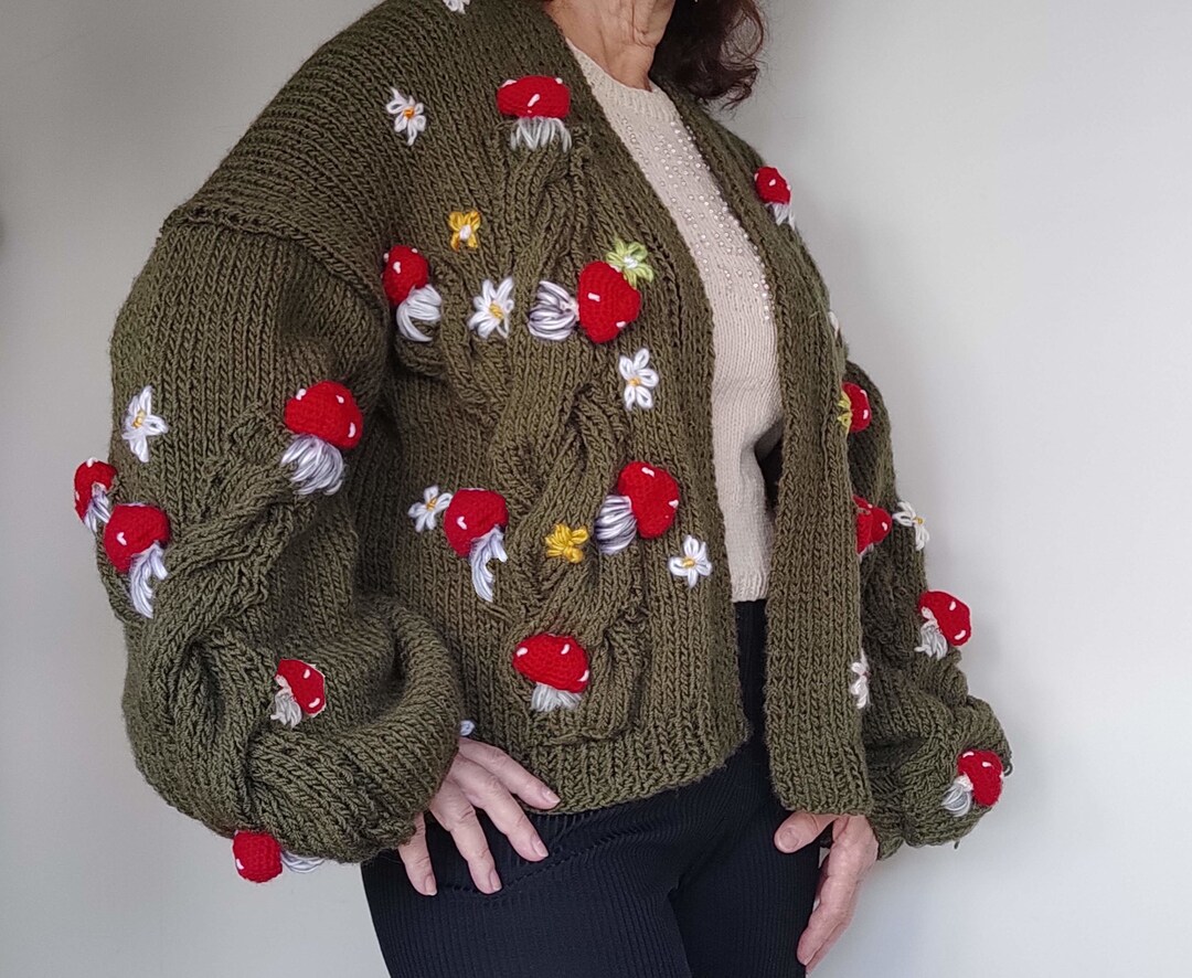 Hand-knitted Green Cardigan With Red Mushrooms and Floral Accents ...