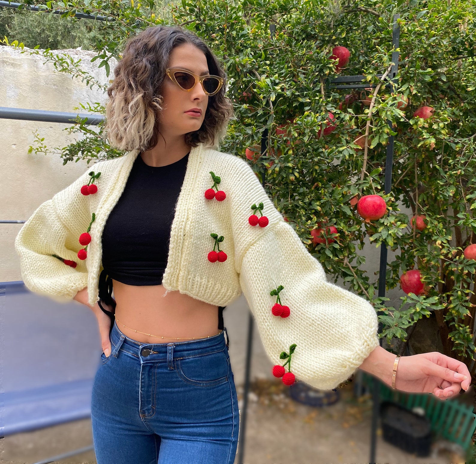 Cropped Cherry Cardigan W Balloon Sleeves Hand Knit Cardigan - Etsy