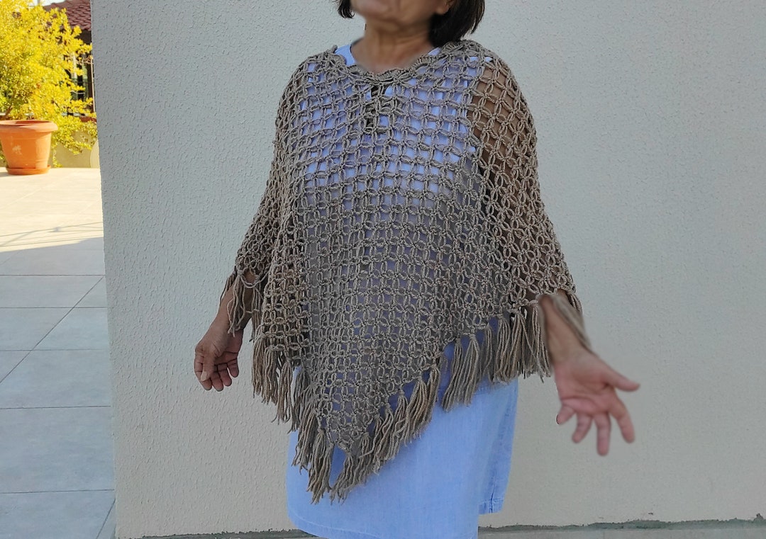 Open Work Crochet Poncho: Handmade Acrylic Fringe Shawl - Etsy