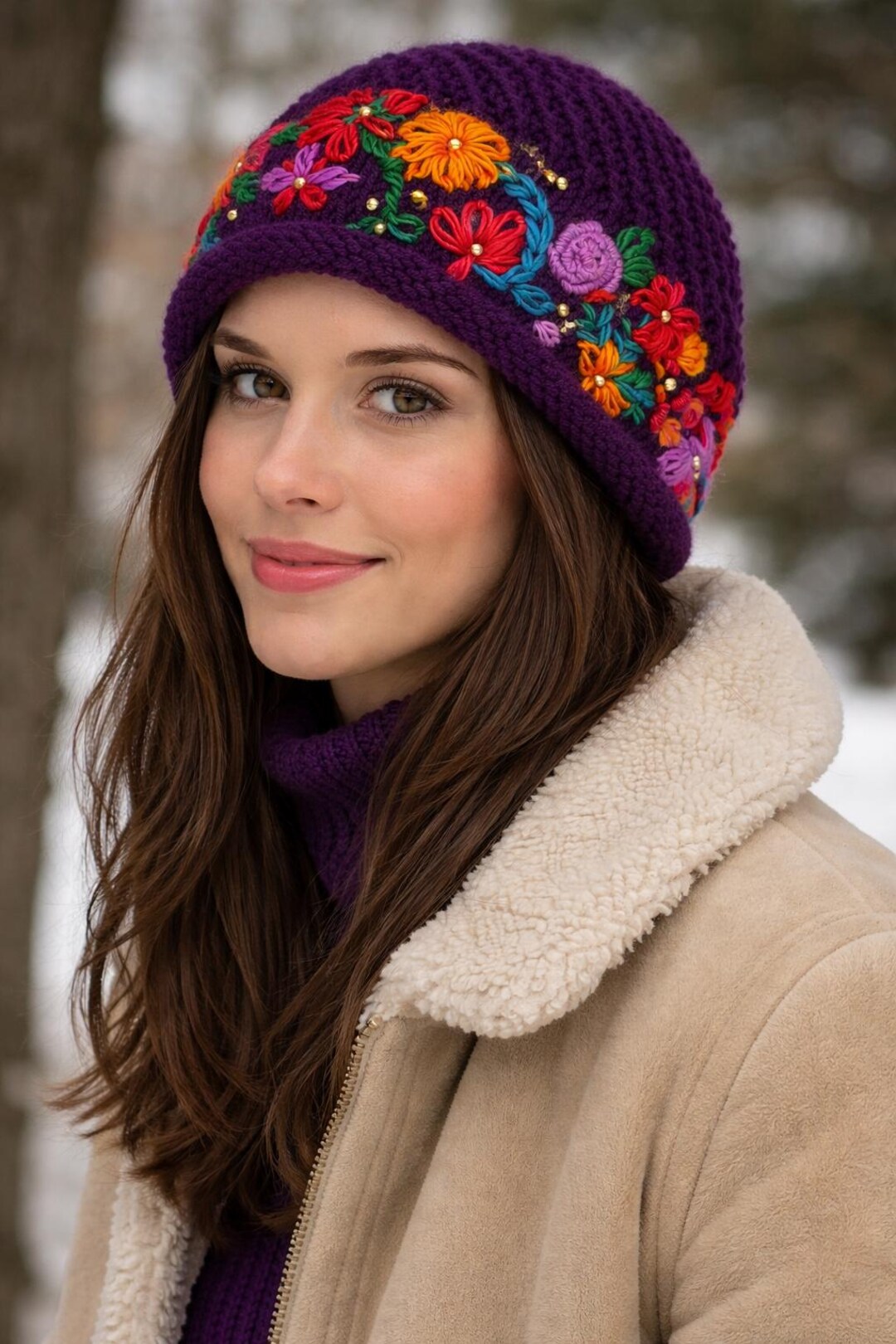 Floral Wool Winter Hat: Hand Embroidered Purple Knit Beanie Hat - Etsy