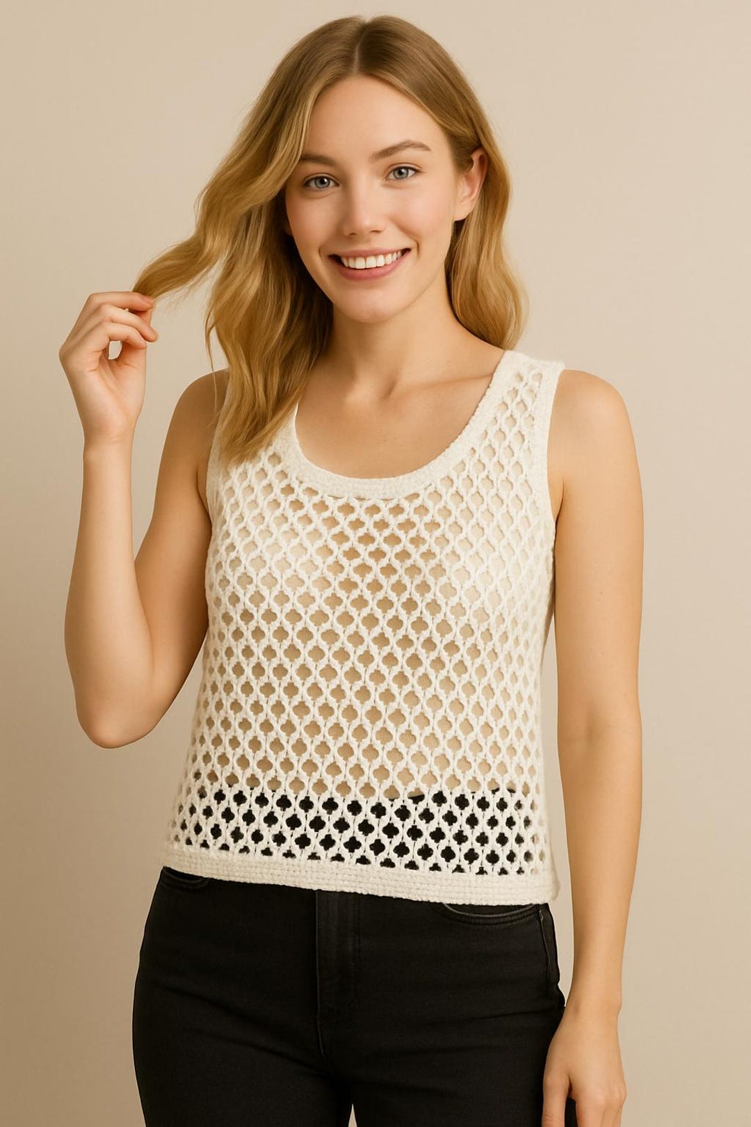 Fishnet Top Crochet, Sleeveless Sweater, Summer Outfit, Open Work ...