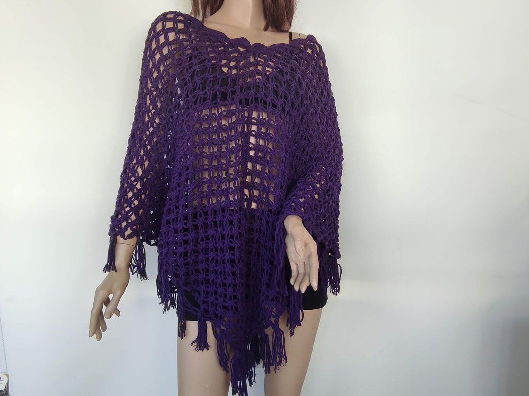 Purple Crocheted Poncho With Fringe at the Hem, Open Weave Love Knot ...