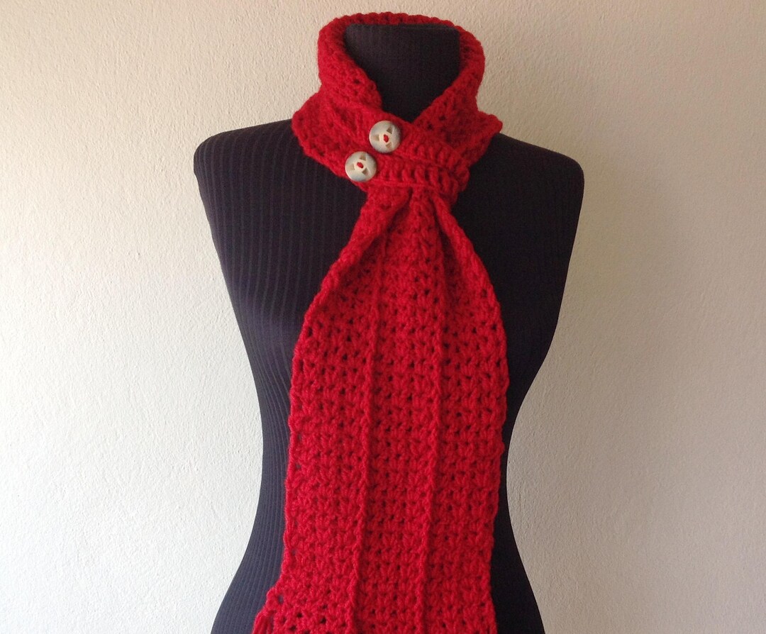 Red Crochet Scarf, Button Scarf, Long Fringe Scarf, Fall / Winter Wool ...