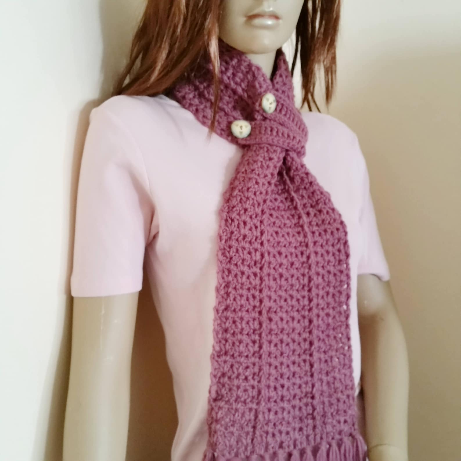 Woman Crochet Scarf Rose Pink Scarf Button Crochet Scarf - Etsy