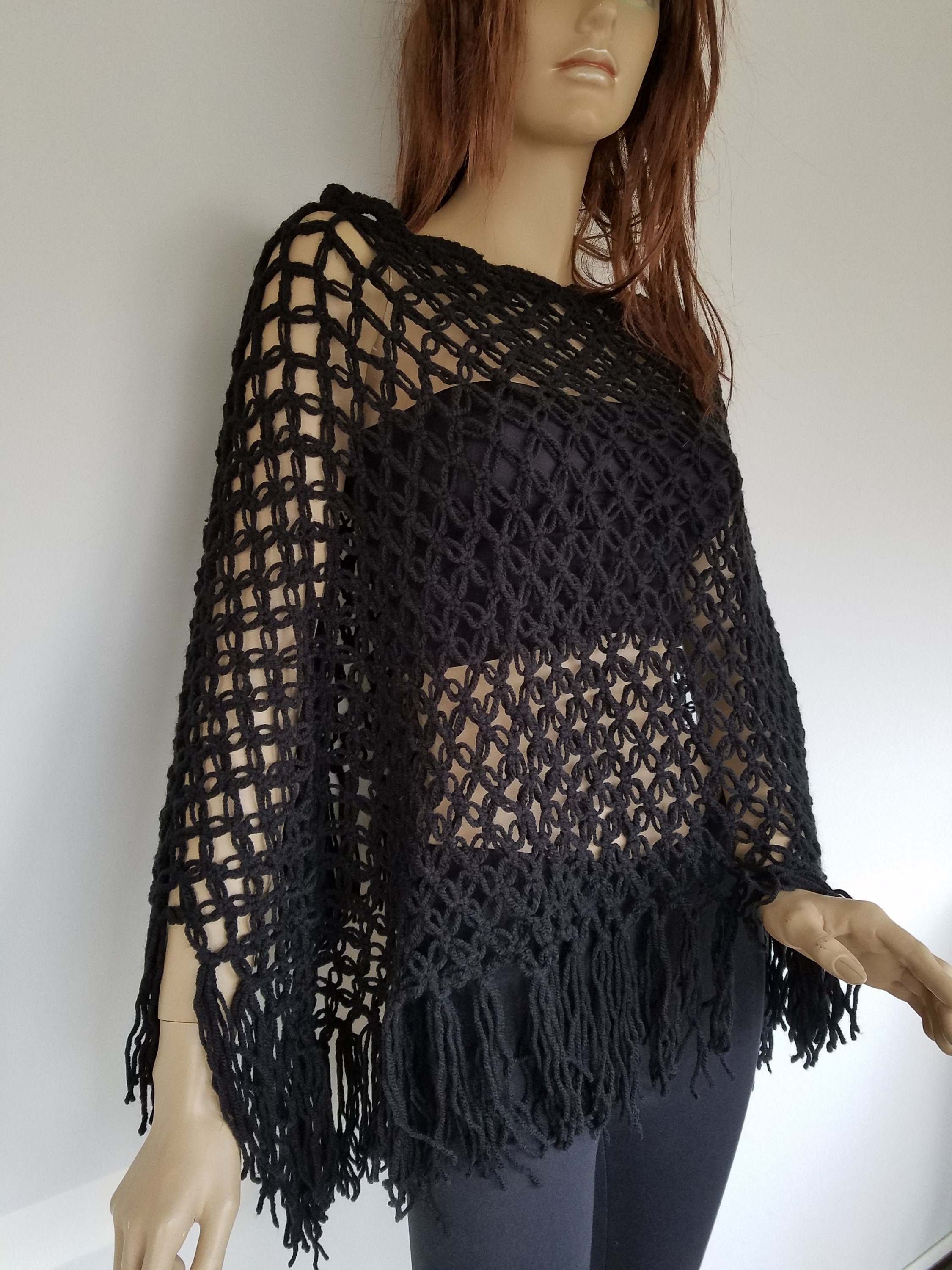 Open Work Crochet Poncho Black Fishnet Poncho Women Crochet | Etsy