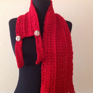 Red Crochet Scarf, Button Scarf, Long Fringe Scarf, Fall / Winter Wool ...