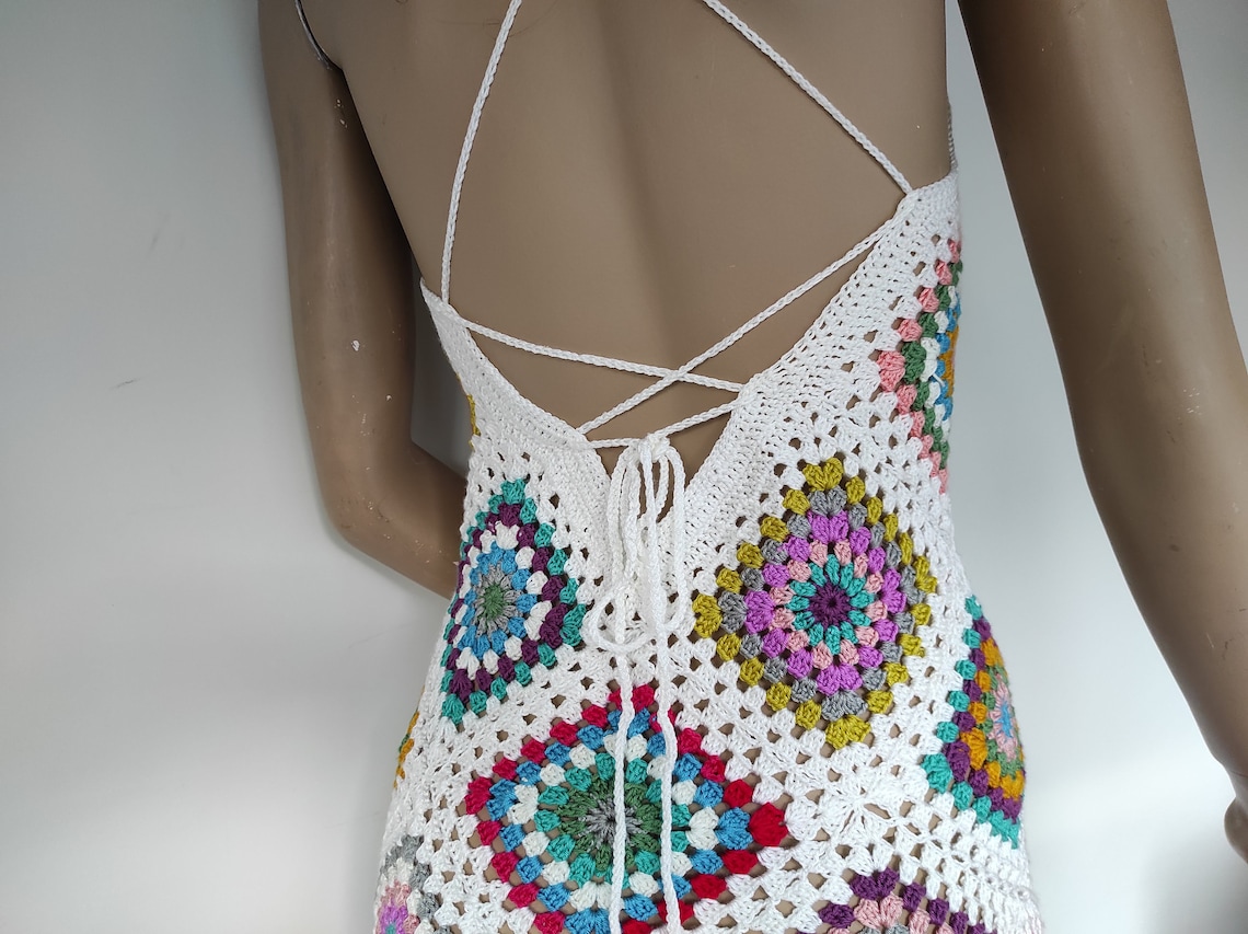 String Tie Deep V Open Back Crochet Tank Dress Mini Granny | Etsy