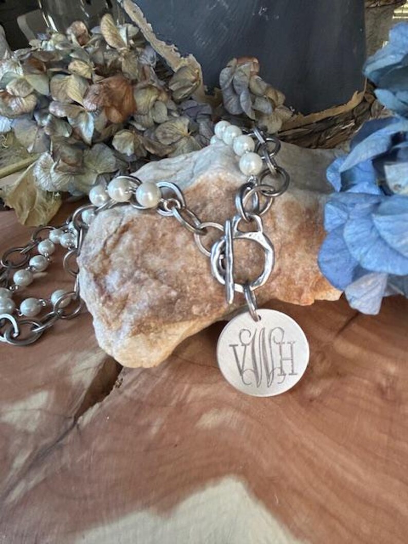 Necklace, Double Strand, Antique Silver Chain, Pearls, 20", Toggle ...