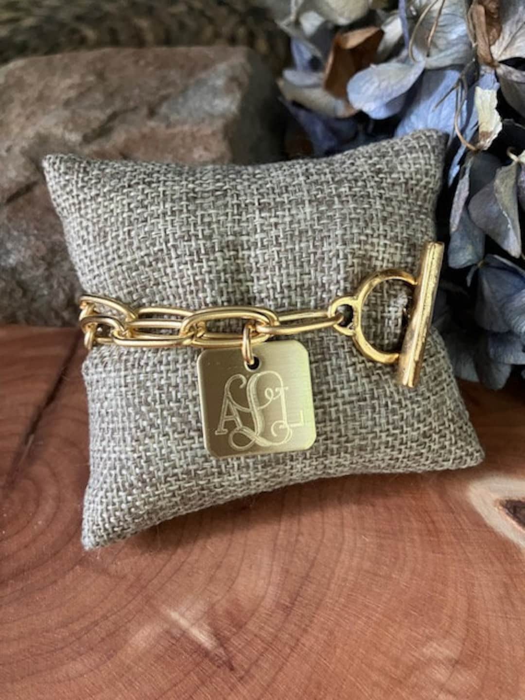 Bracelet, Paperclip Chain, Gold, Square Disc, Toggle, Personalized ...