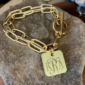 Bracelet, Paperclip Chain, Gold, Square Disc, Toggle, Personalized ...