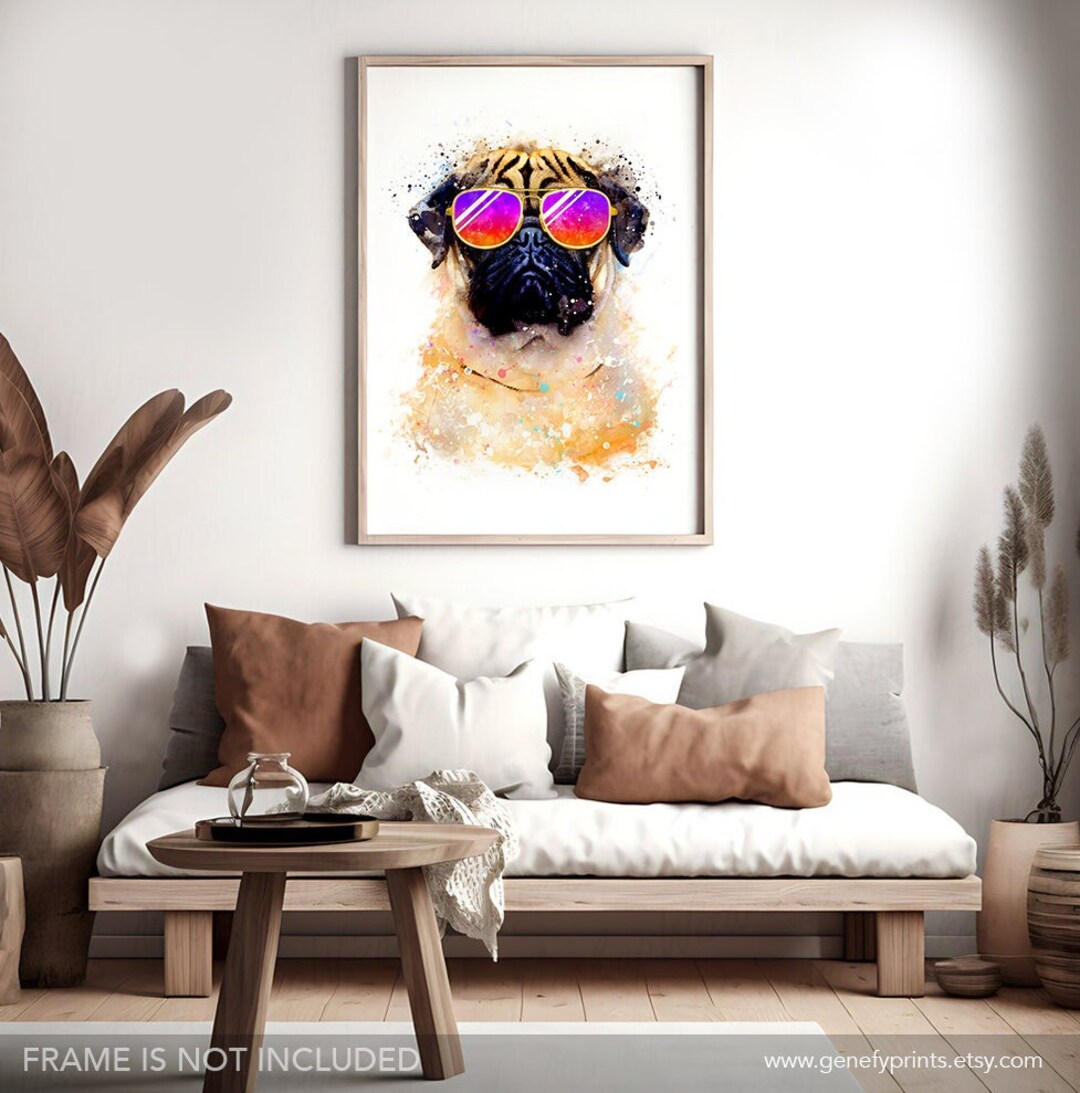 Cute Pug Portrait, Funky Pug Print, Funny Pug Wall Art, Gift for Pug ...
