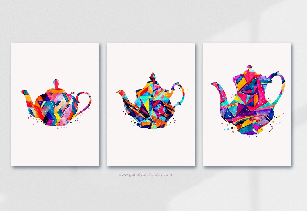 Kitchen Teapot Watercolour Art Print - Set of 3 Prints - Colourful ...