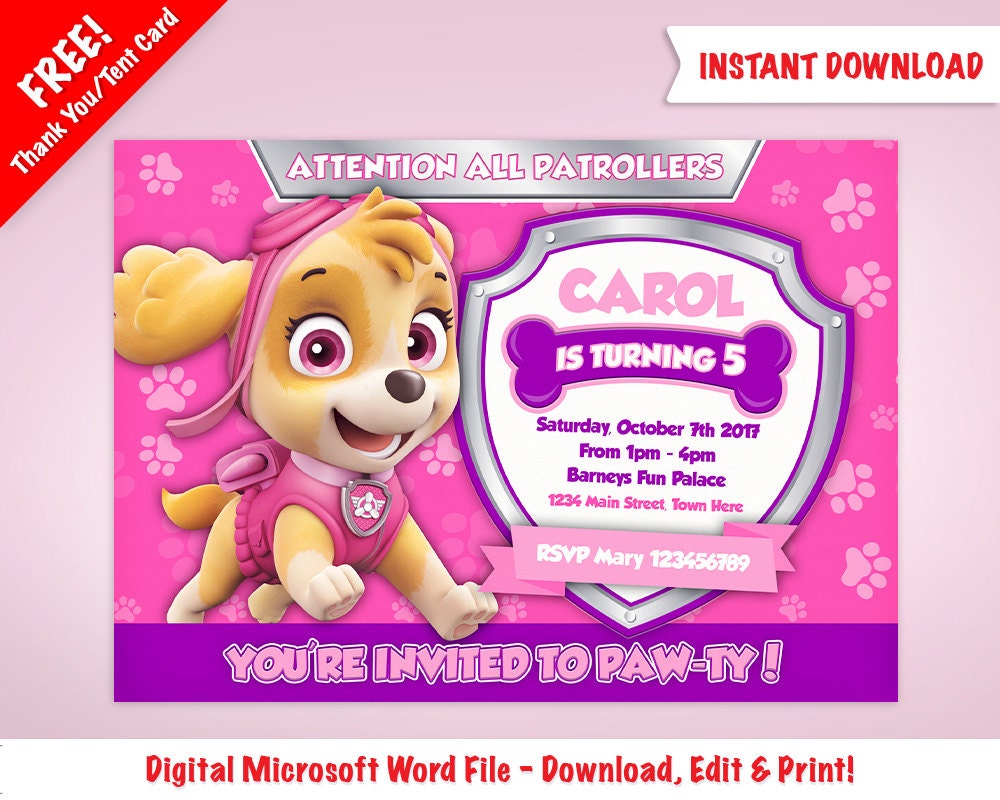 DIY Printable Skye Paw Patrol Birthday Invitation Template Etsy