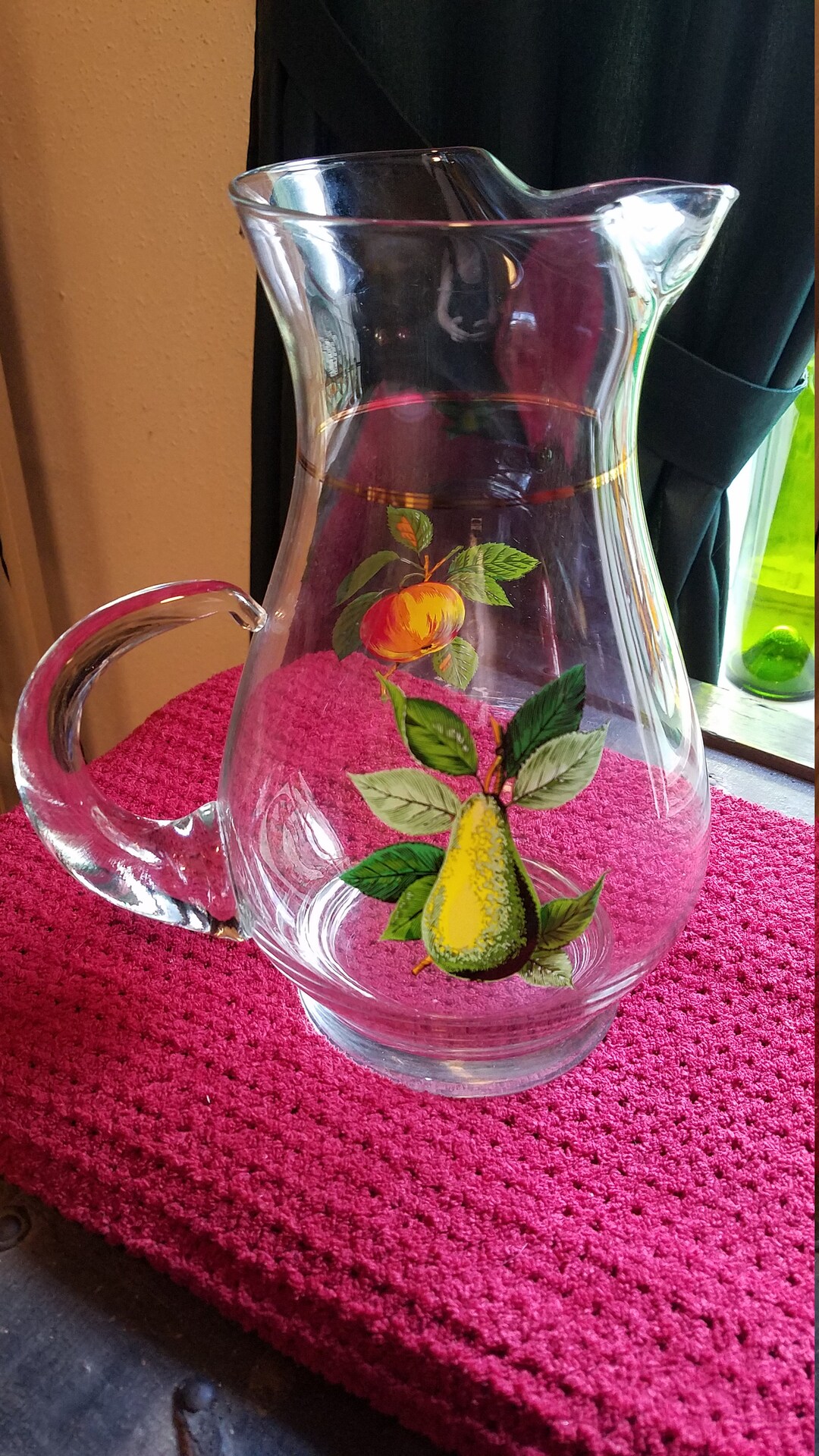 West Virginia Glass Pitcher With Hand Painted Fruit and Gold Trim - Etsy