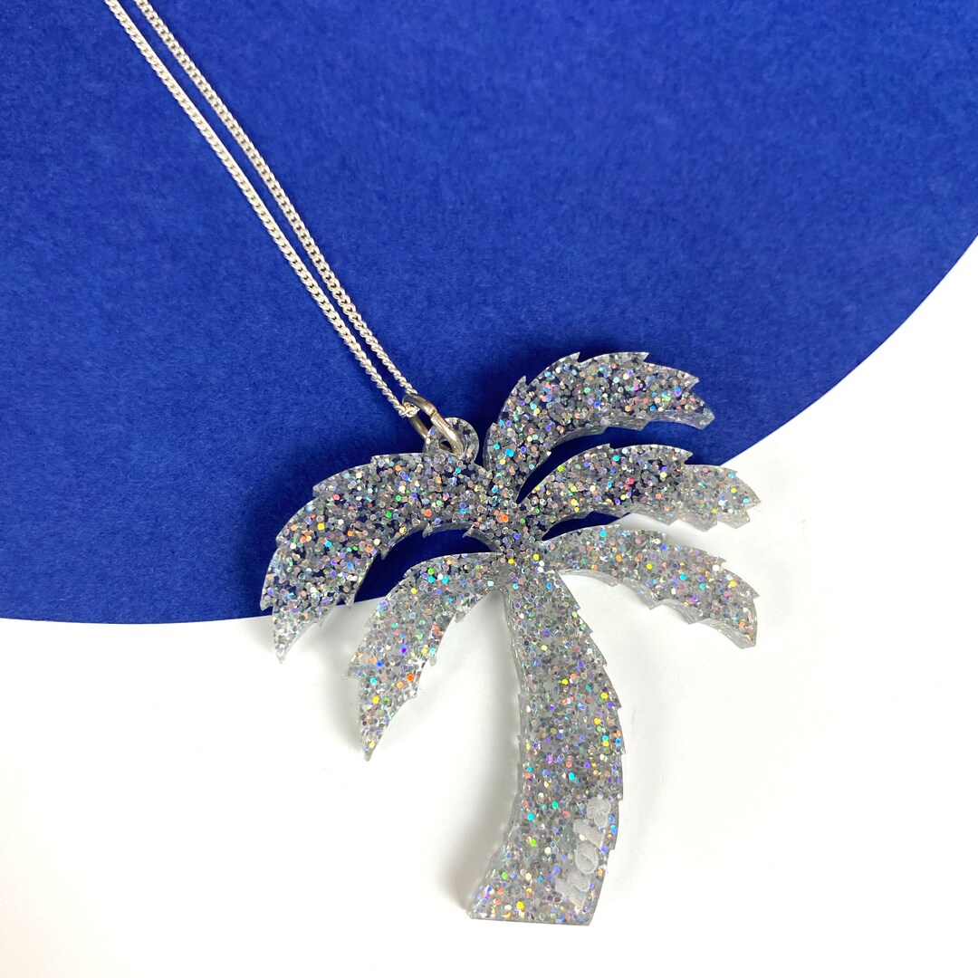 Palm Tree Necklace/ Sterling Silver Chain / Glitter Silver /jewellery ...
