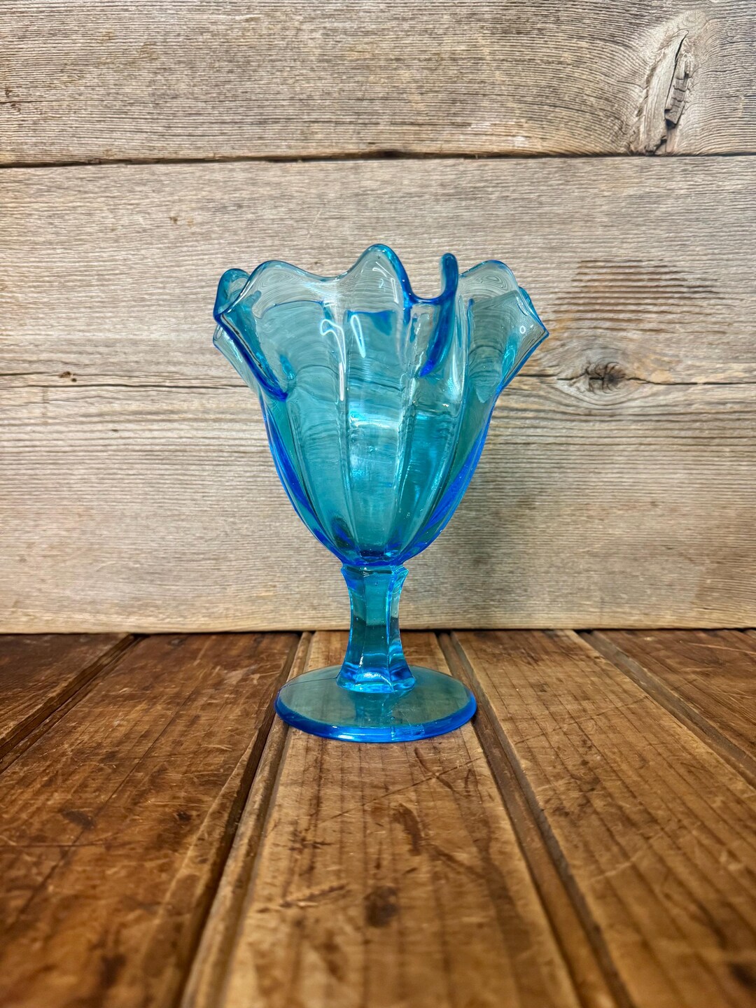 Vintage Blue Glass Ruffled Edge Vase, Vintage Blue Glass Ruffled Edge ...