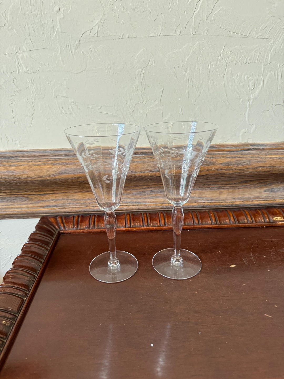 Vintage Flower Etched Wine Glass Set of 2, Vintage Floral Etched ...