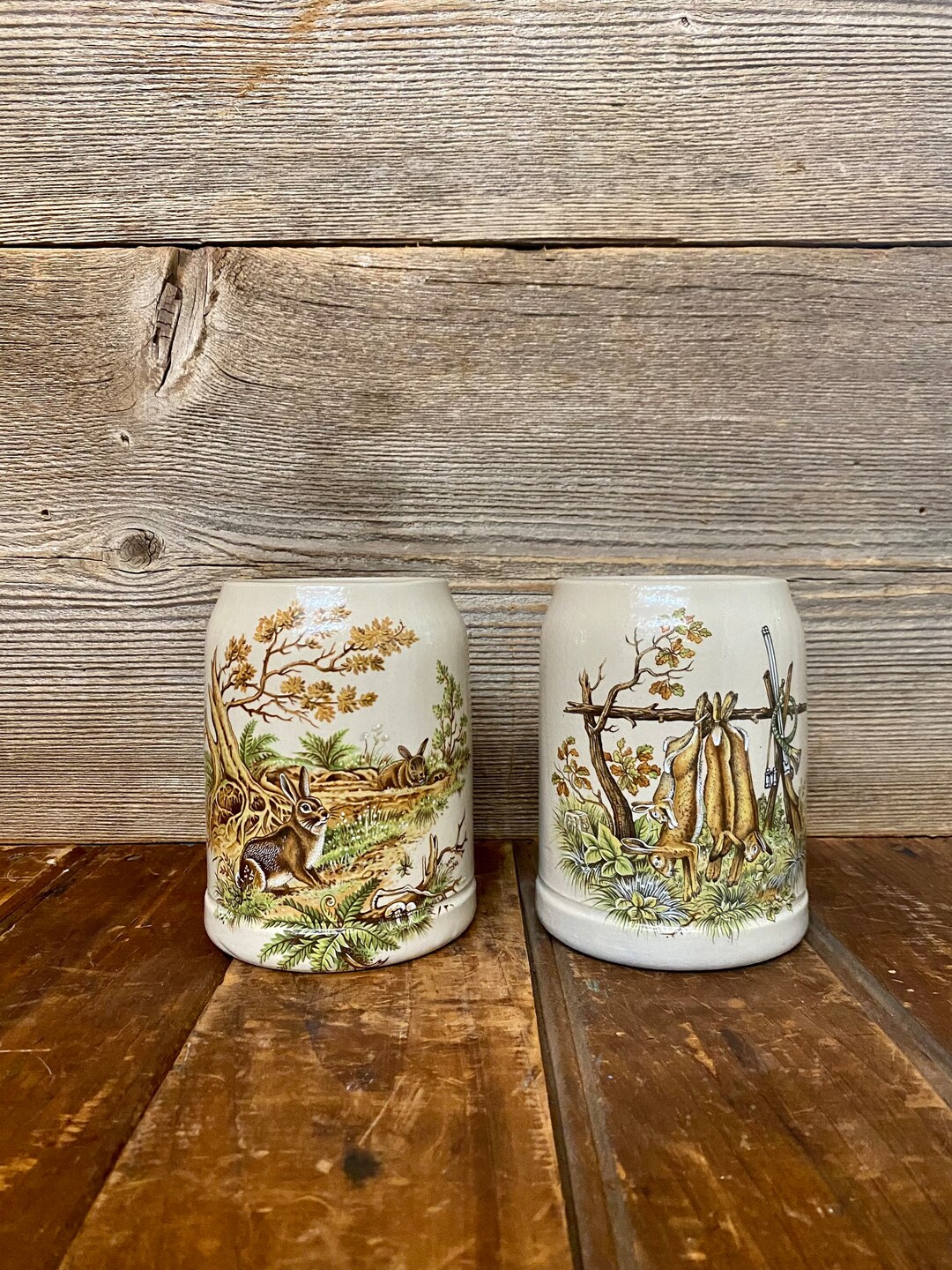 Vintage Rabbit Hunting Hand Painted Pottery Mugs Set of 2, Vintage Hare ...